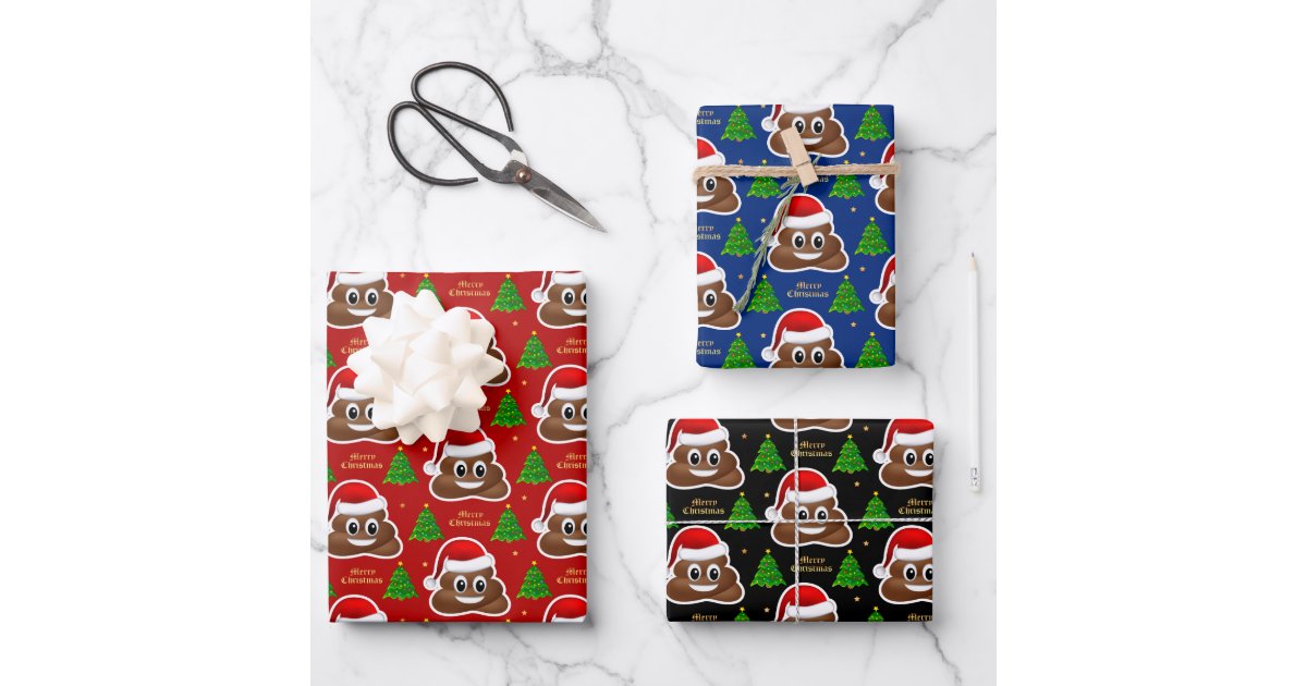 christmas poop emoji with santa hat wrapping paper | Zazzle