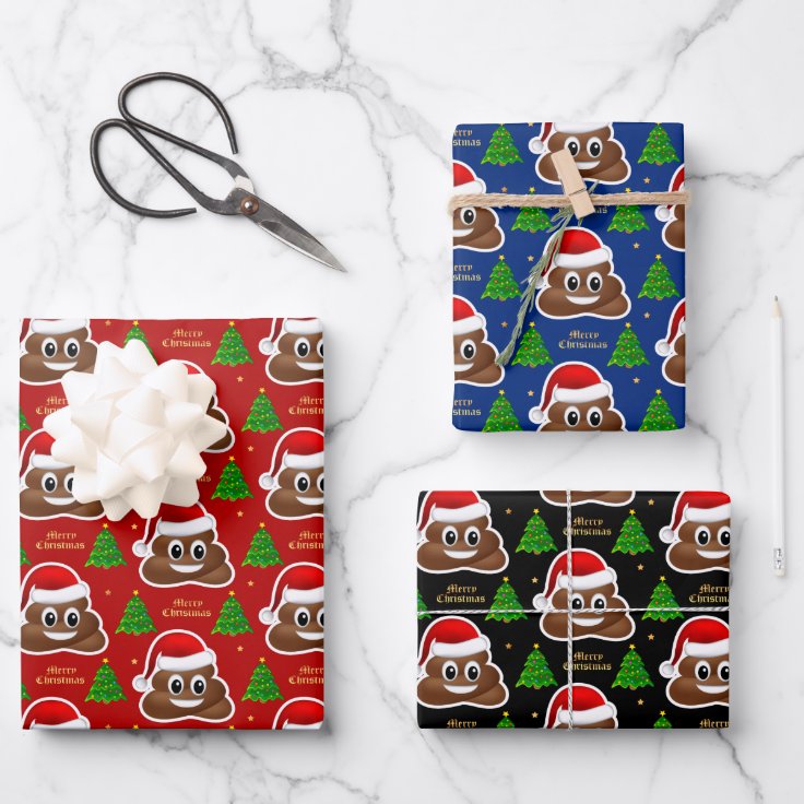 christmas poop emoji with santa hat wrapping paper | Zazzle