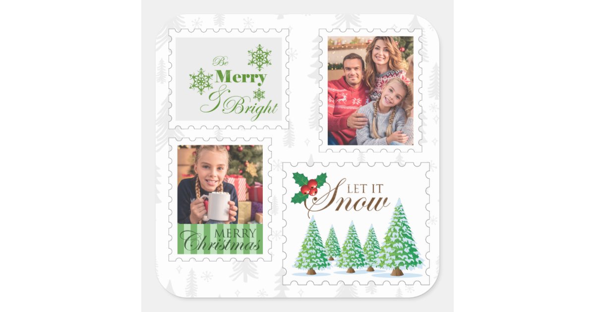 Christmas Postage Stamps 2 Photo Square Sticker | Zazzle