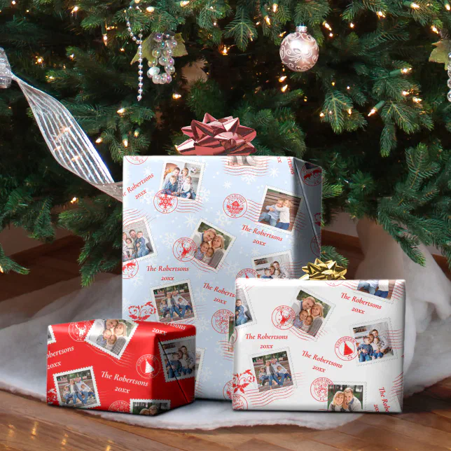 Christmas Postage Stamps Collage Family Photos Wrapping Paper Sheets ...