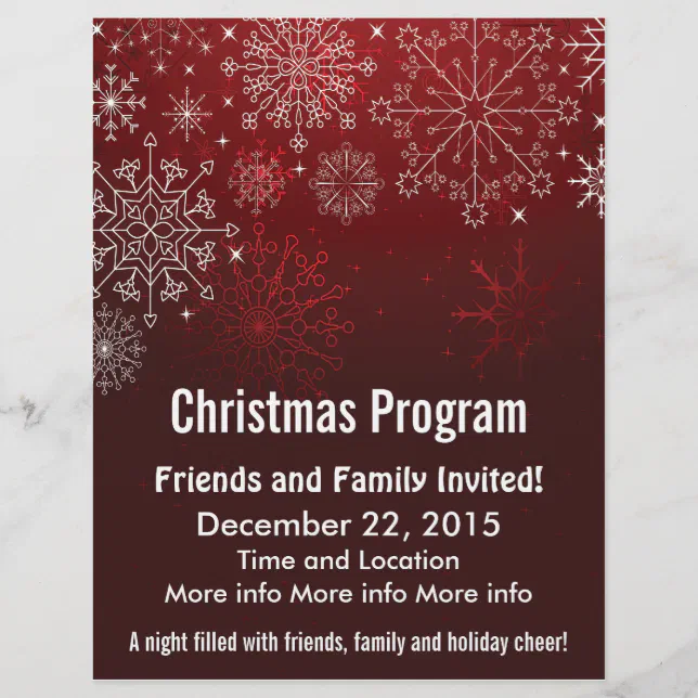 Christmas Program Red Snowflakes Flyer | Zazzle