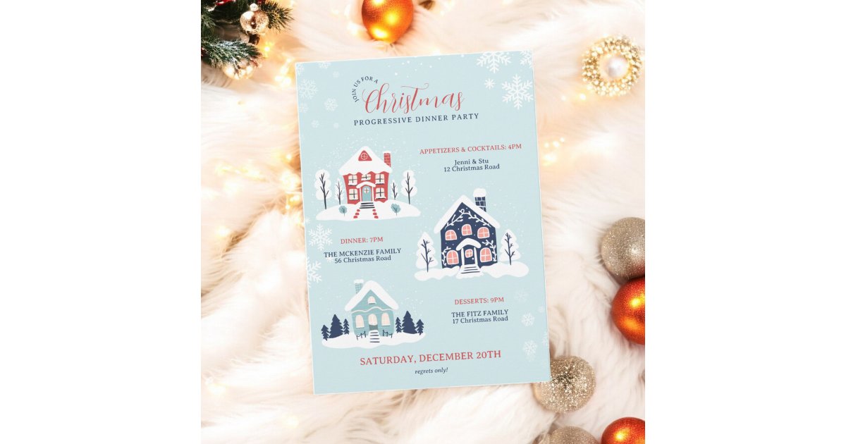 Christmas Progressive Dinner Party Snowy Village Invitation | Zazzle
