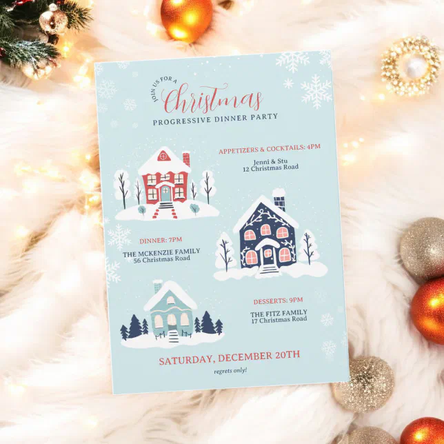 Christmas Progressive Dinner Party Snowy Village Invitation | Zazzle