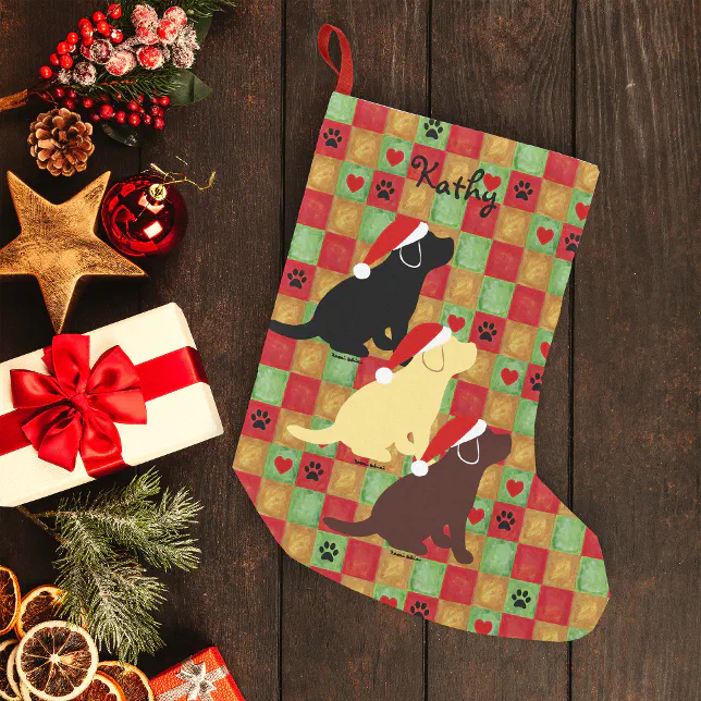 Christmas Quilt Labrador Puppies Small Christmas Stocking | Zazzle