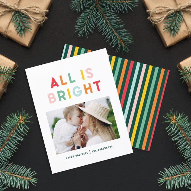 Christmas rainbow colorful bright 1 photo modern holiday card | Zazzle
