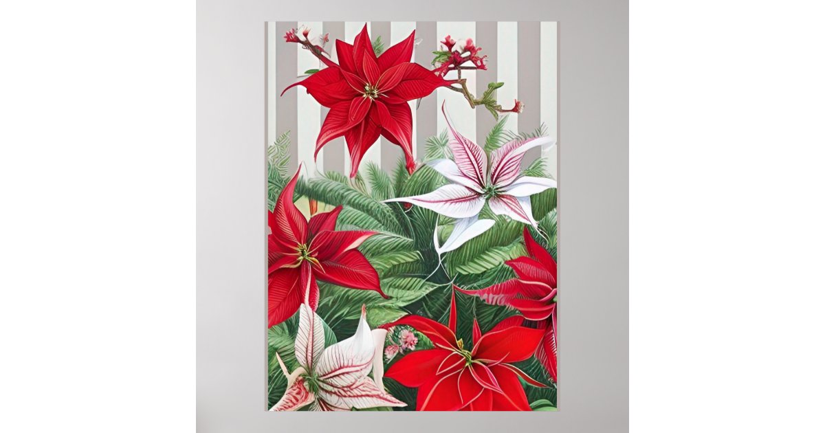 Christmas Red Amaryllis and Poinsettias Poster | Zazzle