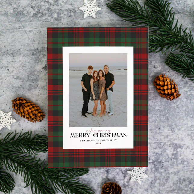 Christmas Red and Green Plaid Photo Flat Holiday Card | Zazzle