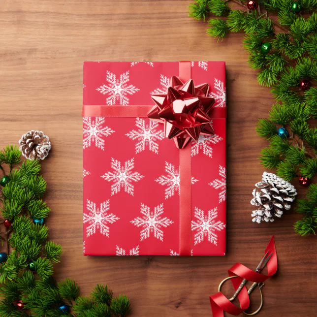Christmas Red and White Festive Snowflakes Pattern Wrapping Paper | Zazzle