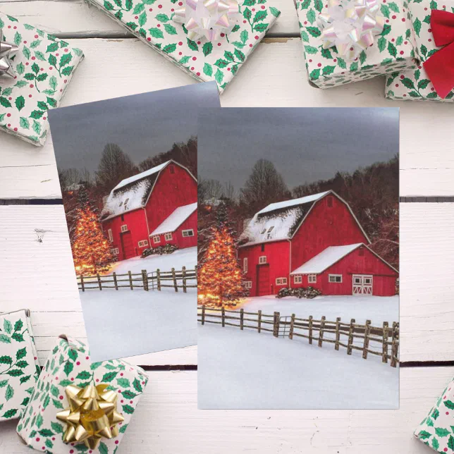 Christmas Red Barn With Spectacular Lighted Tree Tissue Paper | Zazzle