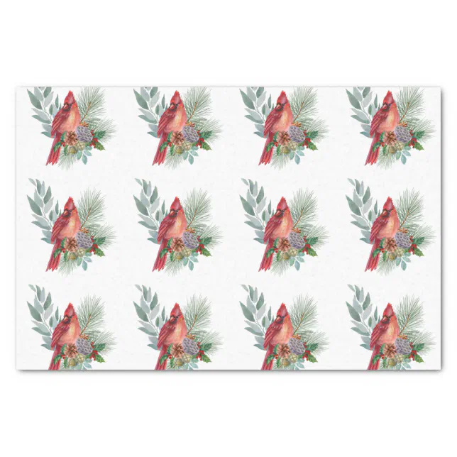 Christmas Red Cardinal Greenery Watercolor Tissue Paper | Zazzle