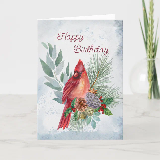 Christmas Red Cardinal Watercolor Floral Birthday Card | Zazzle
