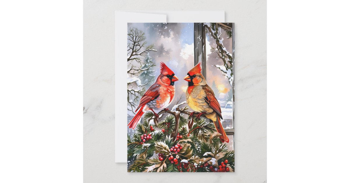 Christmas Red Cardinals Winter Illustration Holiday Card | Zazzle