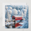 Christmas Red Covered Bridge In Winter Forest Holiday Card | Zazzle