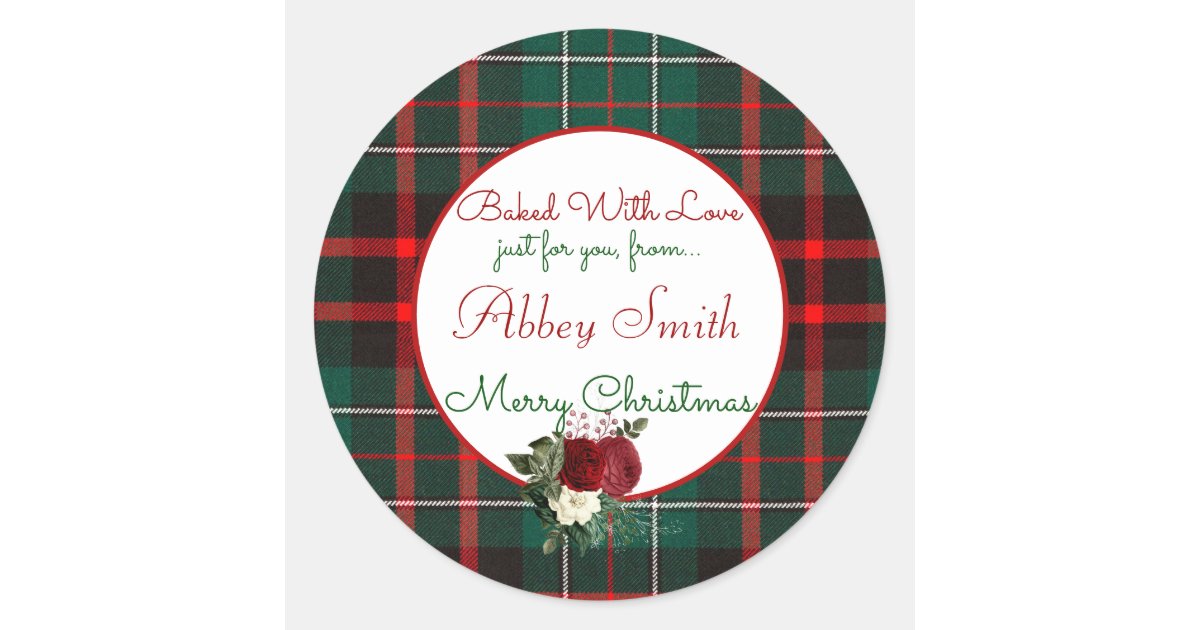 Christmas Red Green Plaid Baked For You With Love Classic Round Sticker ...