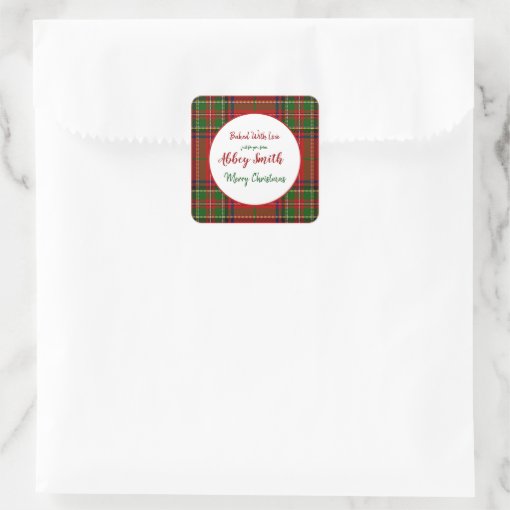 Christmas Red Green Plaid Custom Treats Square Sticker | Zazzle