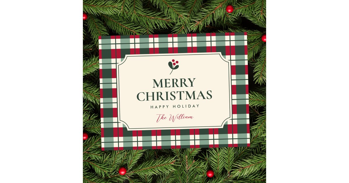 Christmas red green plaid tartan card | Zazzle