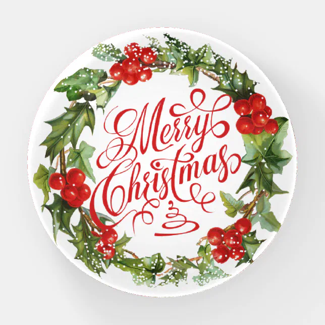 Christmas Red Green Wreath Holly Ivy Typography Paperweight | Zazzle