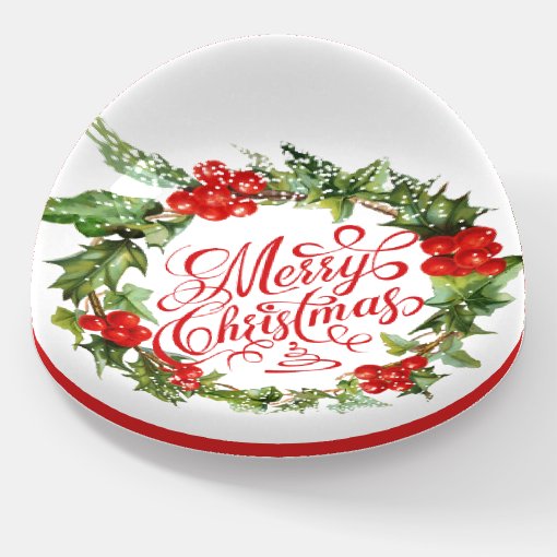 Christmas Red Green Wreath Holly Ivy Typography Paperweight | Zazzle