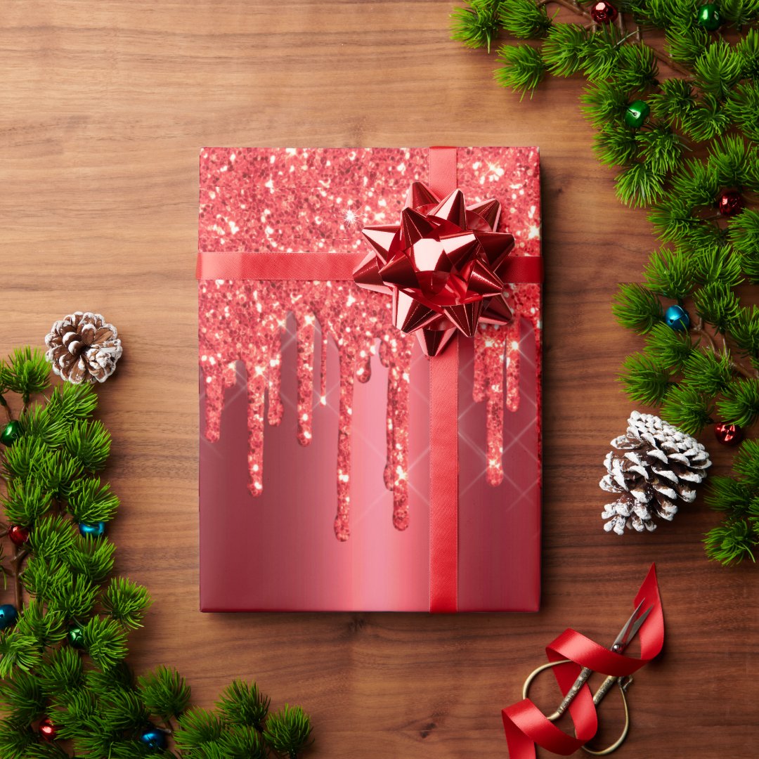 Christmas Red Metallic Dripping Glitter Holiday Wrapping Paper | Zazzle