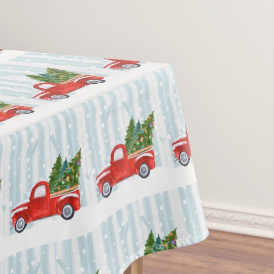 Christmas Red PickUp Truck on a Snowy Road Tablecloth | Zazzle.com