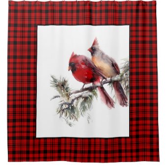 Christmas Red Plaid Watercolor Cardinals Shower Curtain | Zazzle