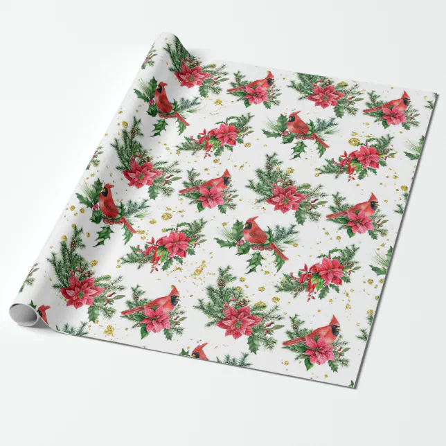 Christmas Red Poinsettia Cardinal Birds Wrapping Paper | Zazzle