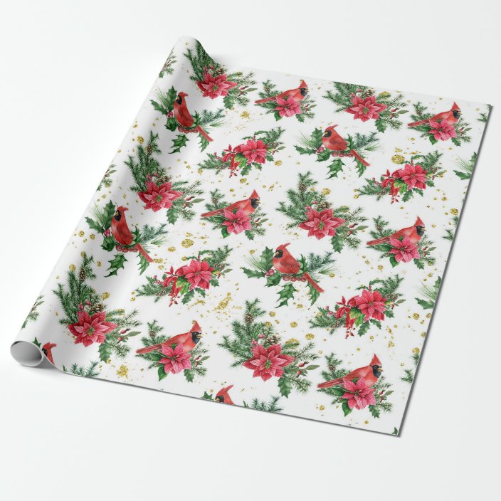 Christmas Red Poinsettia Cardinal Birds Wrapping Paper | Zazzle.com