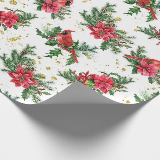 Christmas Red Poinsettia Cardinal Birds Wrapping Paper | Zazzle