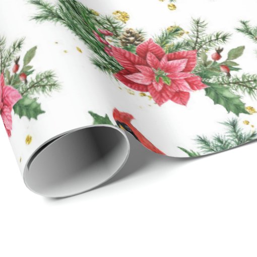 Christmas Red Poinsettia Cardinal Birds Wrapping Paper | Zazzle