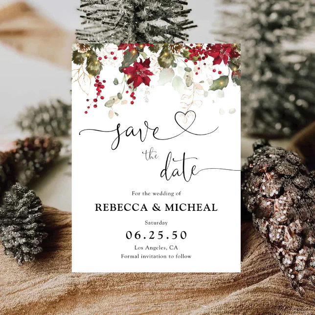 Christmas Red Poinsettia Save The Date Card | Zazzle
