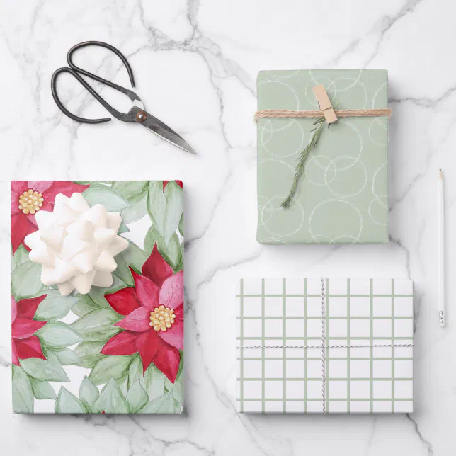 Christmas Red Poinsettia Watercolor Hand-painted Wrapping Paper Sheets ...