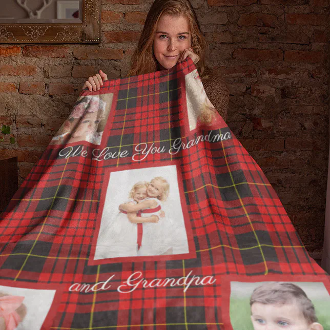 Christmas, Red Tartan Plaid, Custom Photos Fleece Blanket | Zazzle