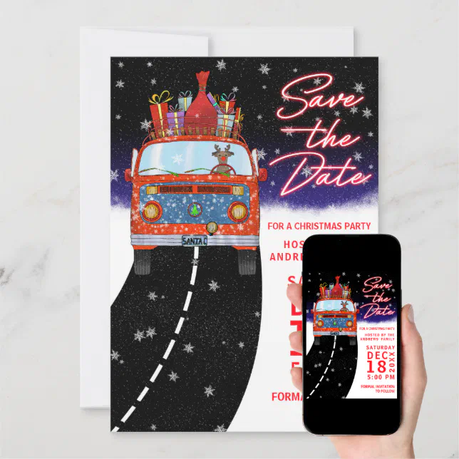 Christmas Red Van Reindeer Presents Snowy Party Save The Date | Zazzle