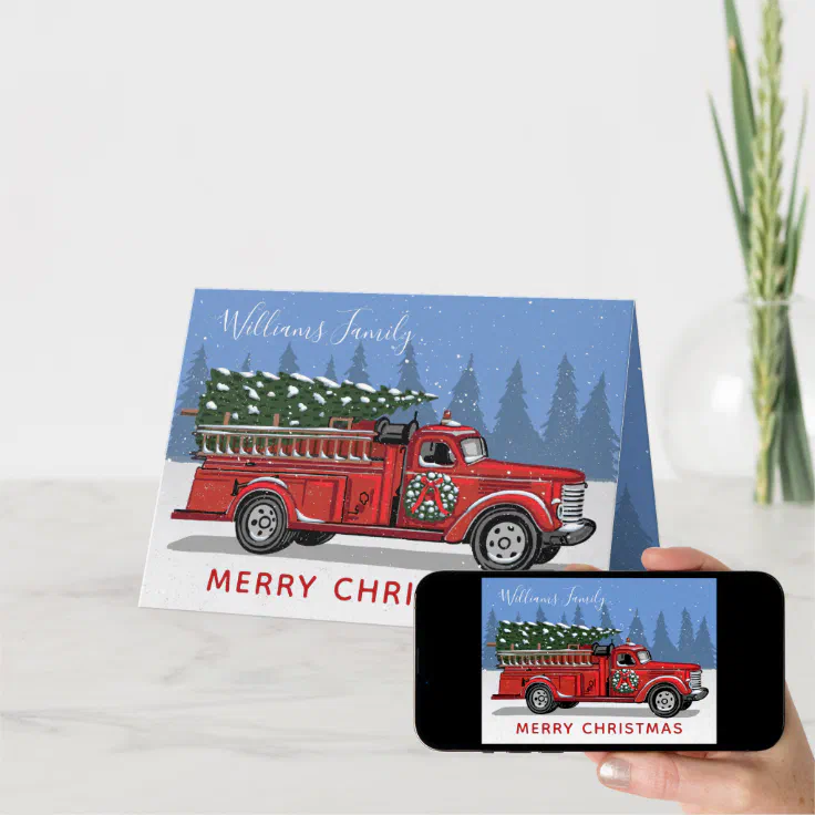 Christmas Red Vintage Fire Truck Wreath Holiday Card | Zazzle