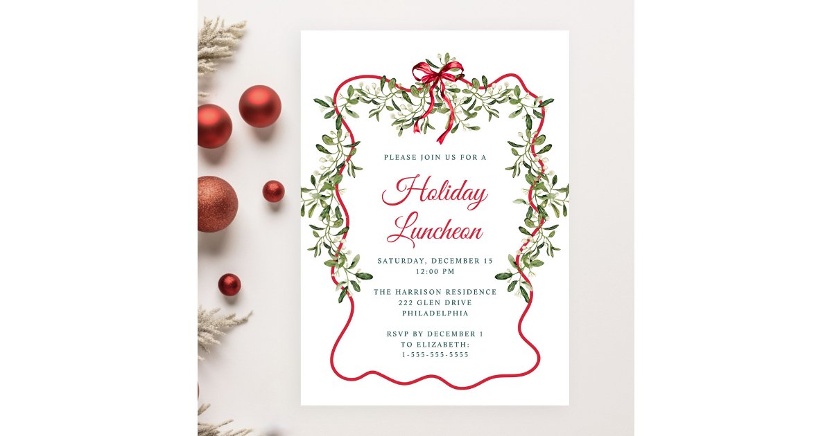 Christmas Red Wavy Frame Greenery Holiday Luncheon Invitation | Zazzle