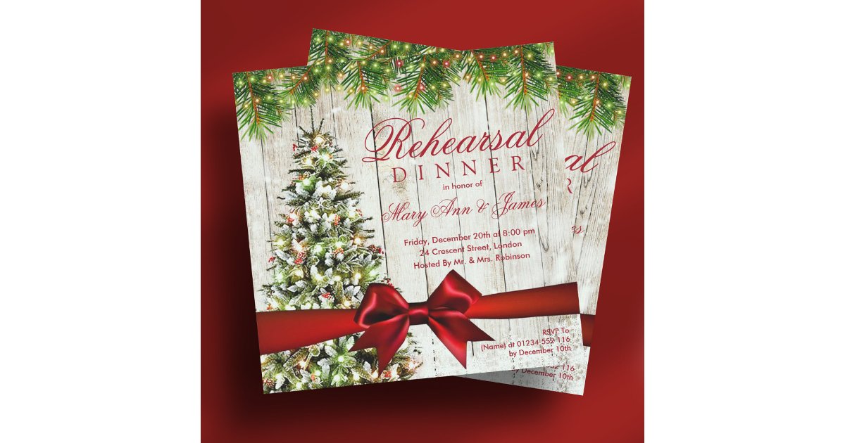 Christmas Rehearsal Dinner Tree, Lights & Ribbon Invitation | Zazzle