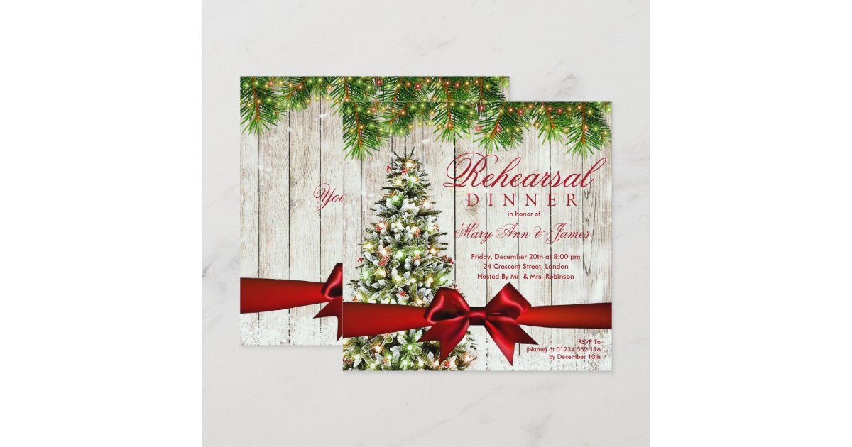 Christmas Rehearsal Dinner Tree, Lights & Ribbon Invitation | Zazzle