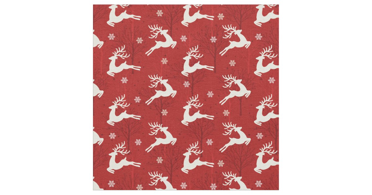 Christmas Reindeer Pattern Gold Red Fabric | Zazzle
