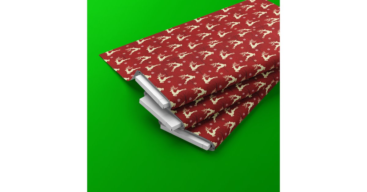 Christmas Reindeer Pattern Gold Red Fabric | Zazzle
