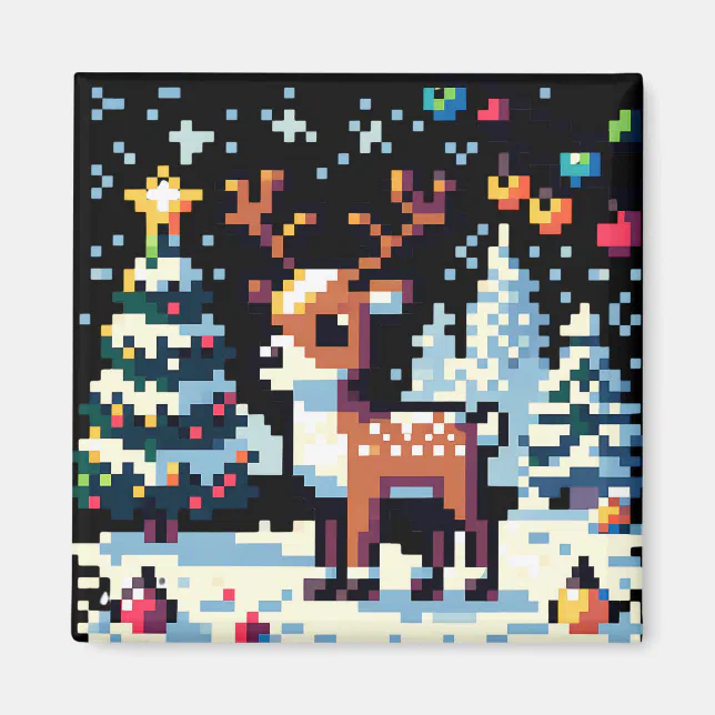 Christmas Reindeer Winter Wonderland Pixel Art Magnet | Zazzle