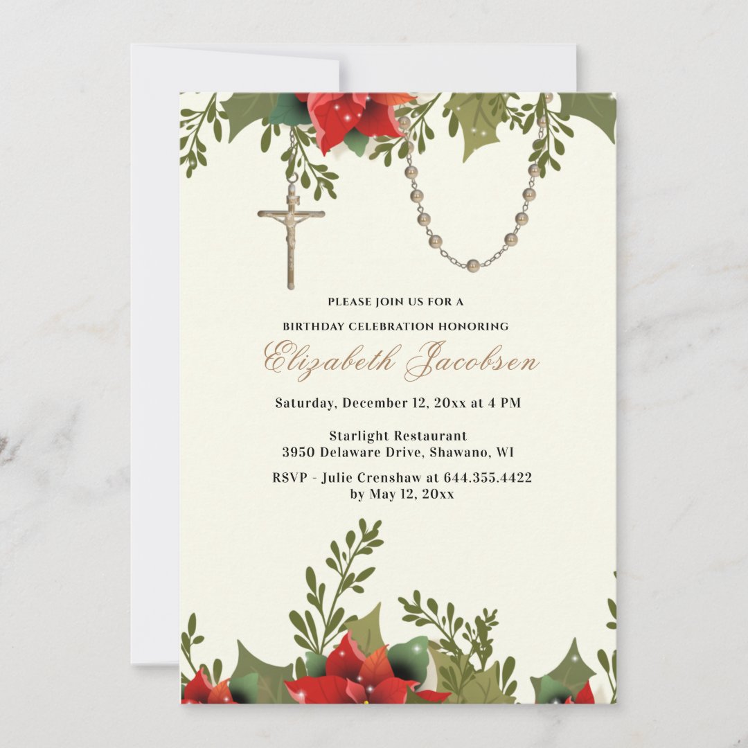 Christmas Religious Birthday Pointsettias Rosary Invitation | Zazzle