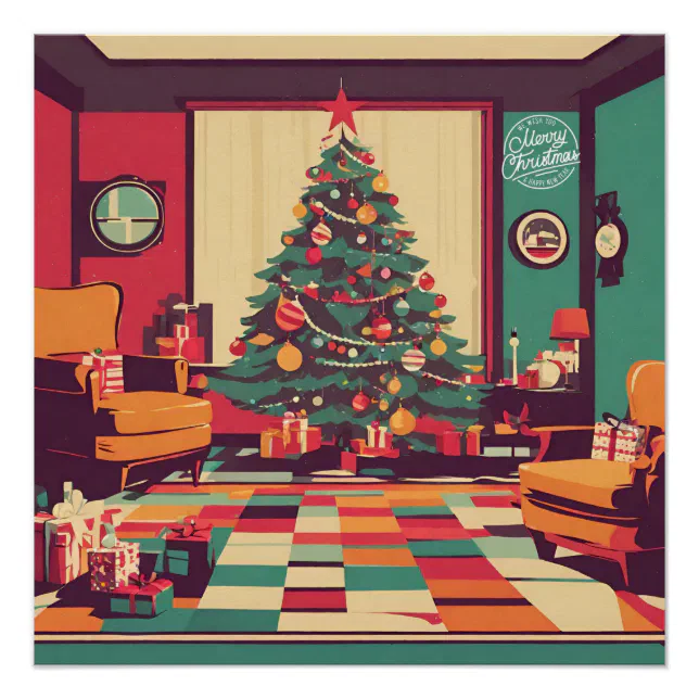 Christmas Retro Living Room with Christmas Tree Poster | Zazzle