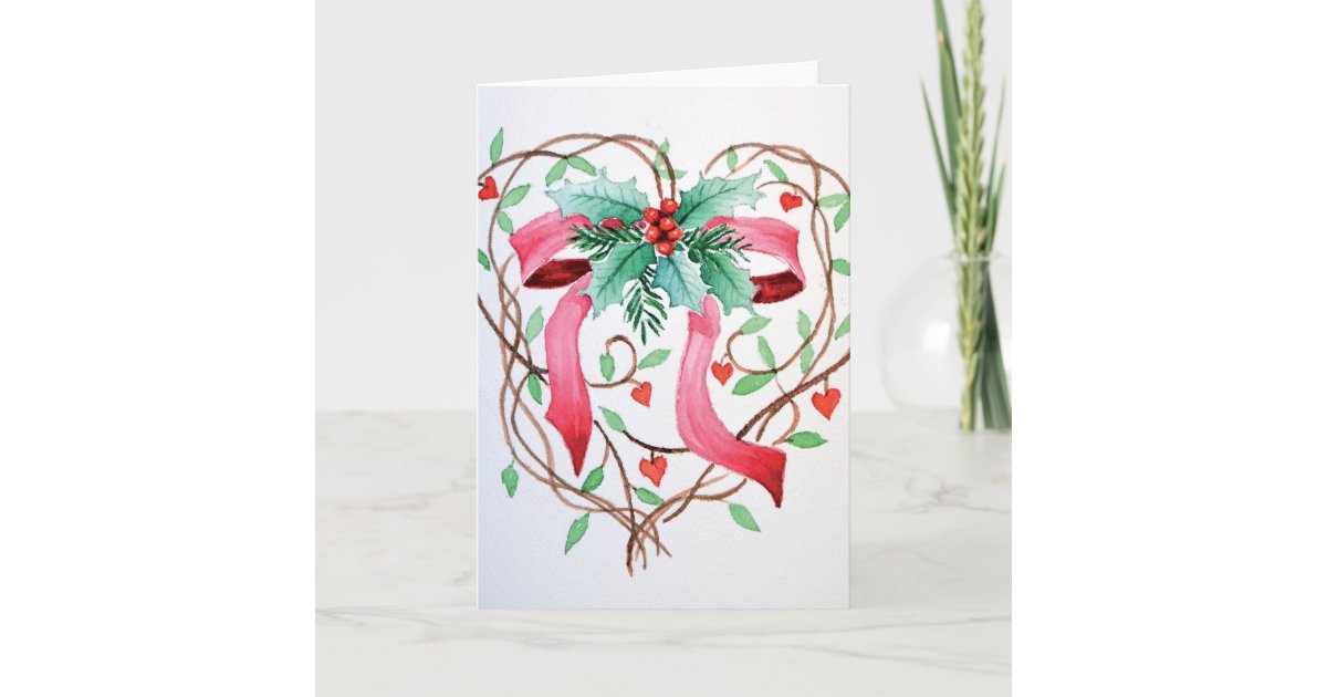 Christmas ribbon in a heart holiday card | Zazzle