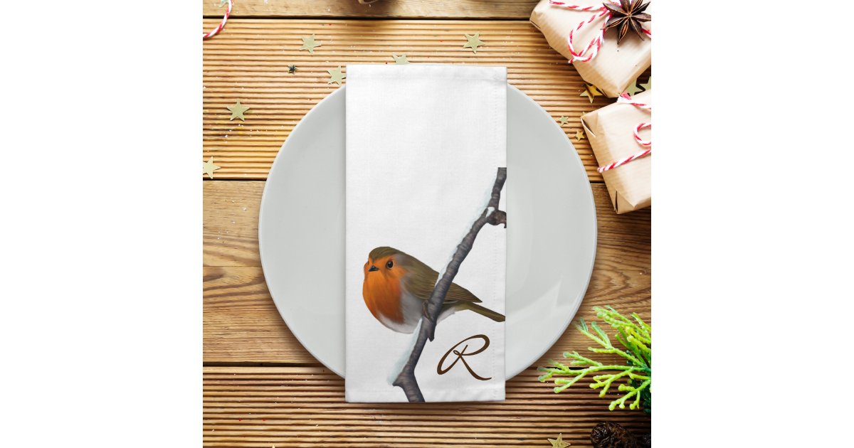Christmas Robin Bird Monogrammed Winter White Napkin | Zazzle