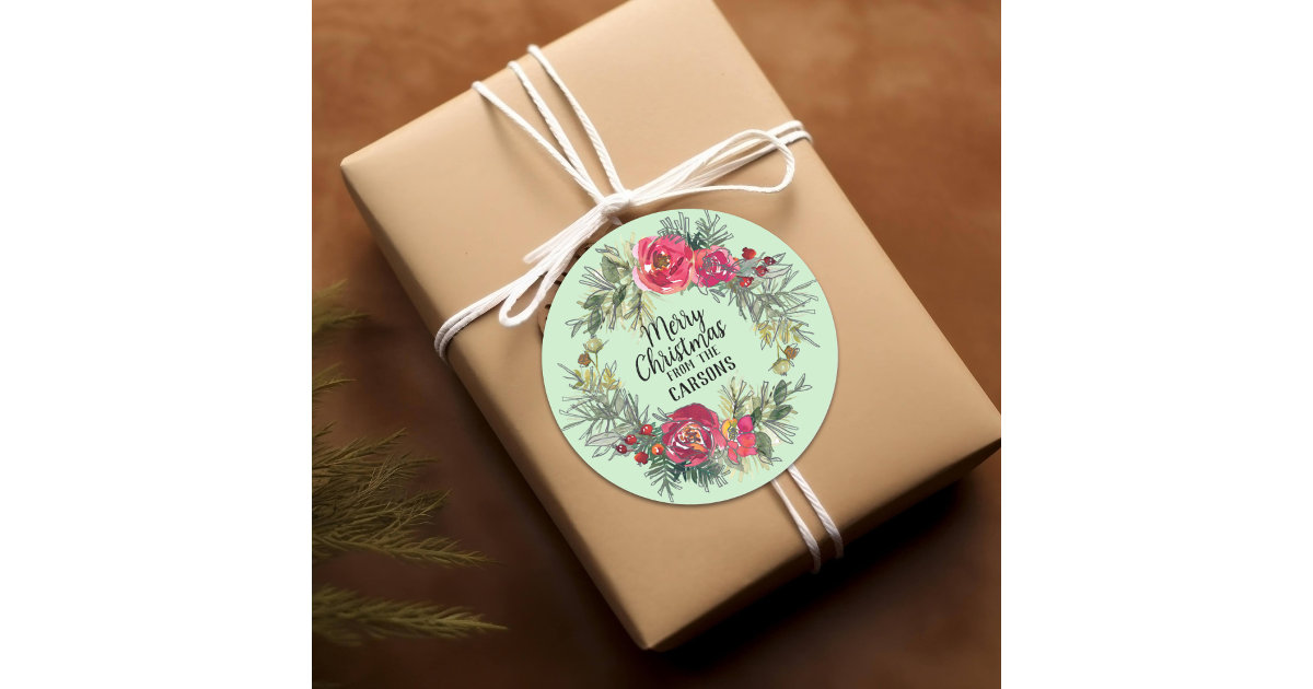 Christmas rose wreath personalized stickers | Zazzle