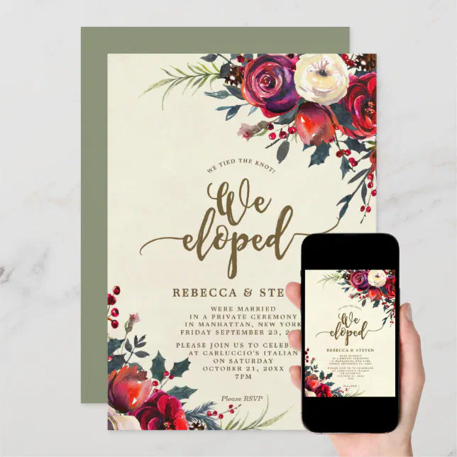 christmas roses modern we eloped invitation | Zazzle