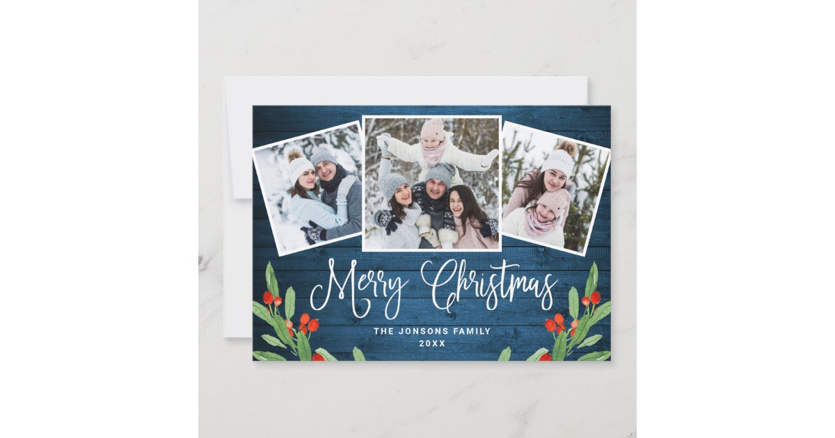 Christmas Rustic Blue Wood 3 PHOTO Greeting Holida Holiday Card | Zazzle