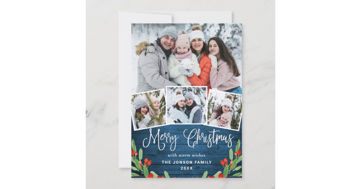 Christmas Rustic Blue Wood 4 PHOTO Greeting Holida Holiday Card | Zazzle