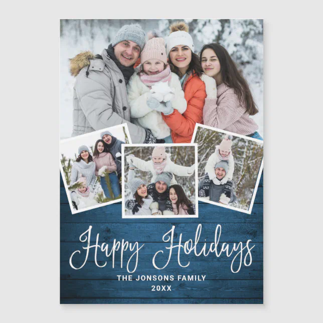 Christmas Rustic Blue Wood 4 PHOTO Magnetic Card | Zazzle