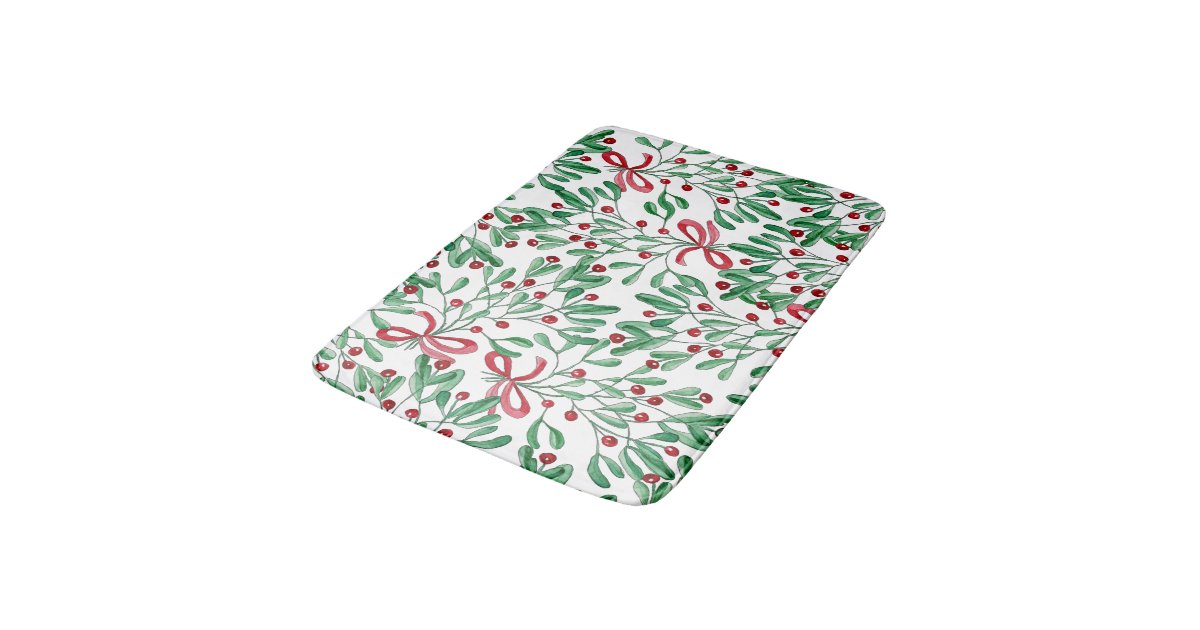 Christmas Rustic Mistletoe Watercolor Hand-painted Bath Mat | Zazzle